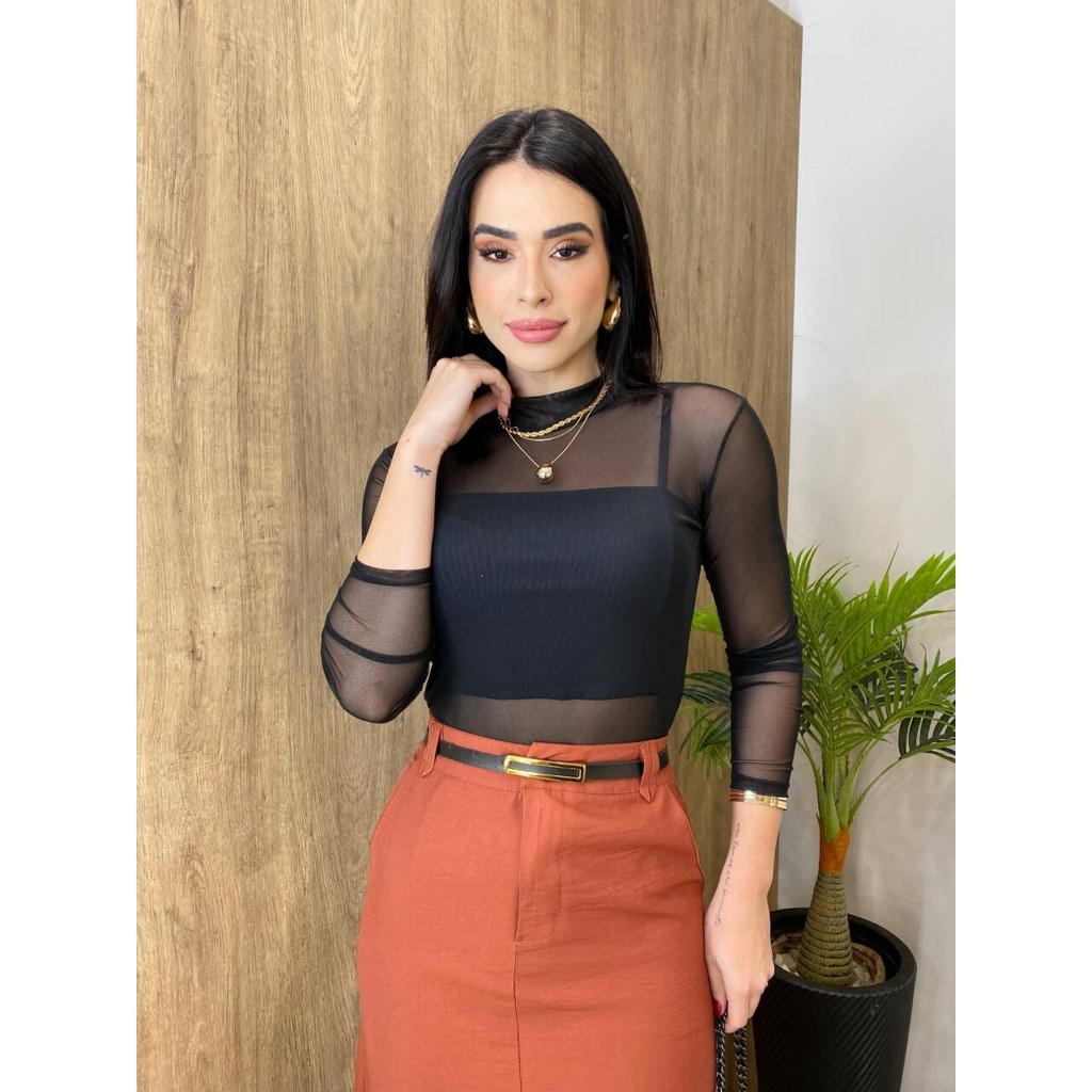 Body Tule Bori Manga Longa Gringa Preto Bodi Tendencia Influencer Moda ...