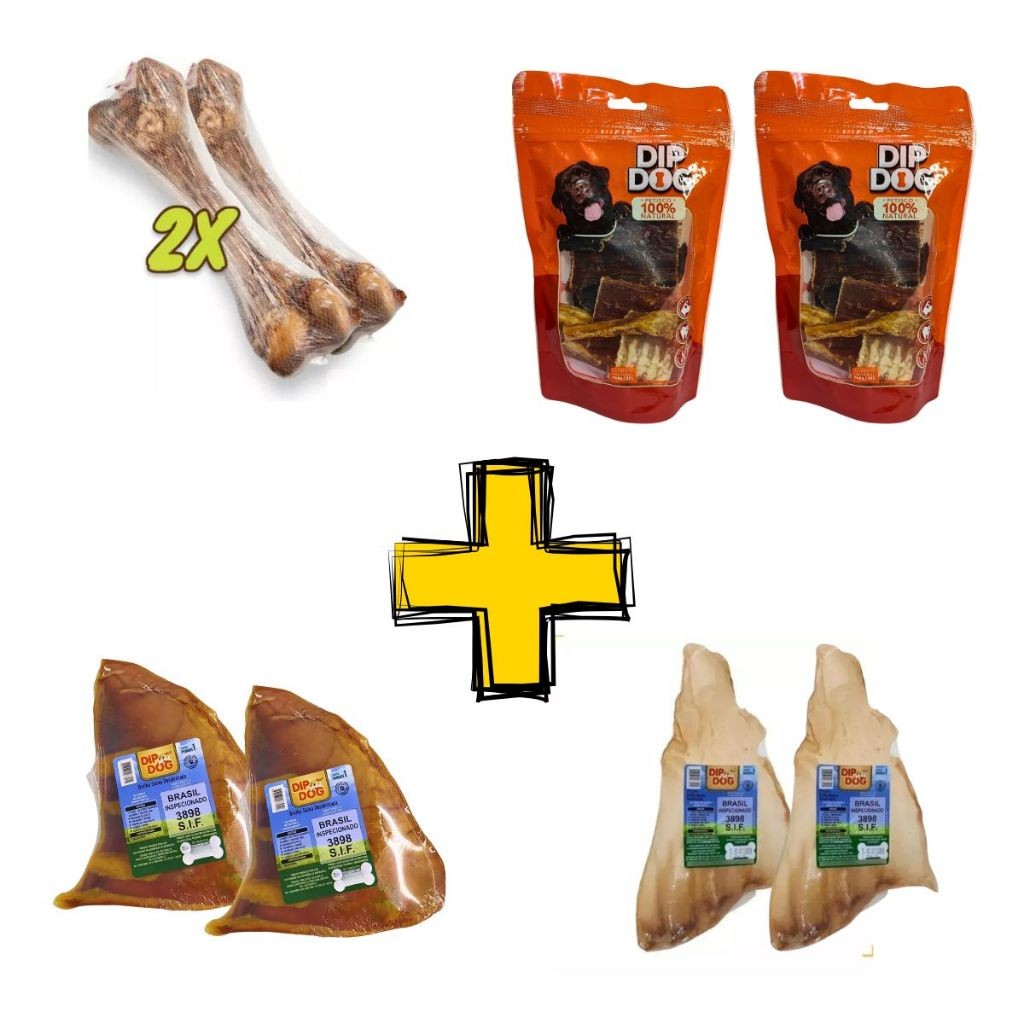 Kit 2 osso fêmur suino + 2 pacotes de mix + 2 orelhas suínas + 2 ...