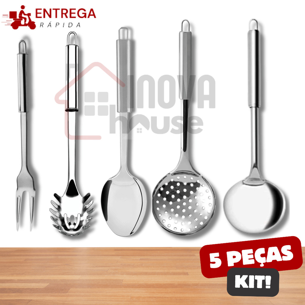 Kit Utensílios de Cozinha Aço Inox Escumadeira Concha Colher de Arroz ...