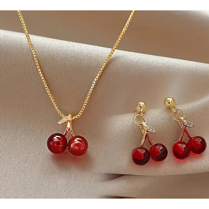 Conjunto De Colar E Brincos Com Pingente De Ouro Cereja Tinto Vinho Para Mulheres REF: 059 ...