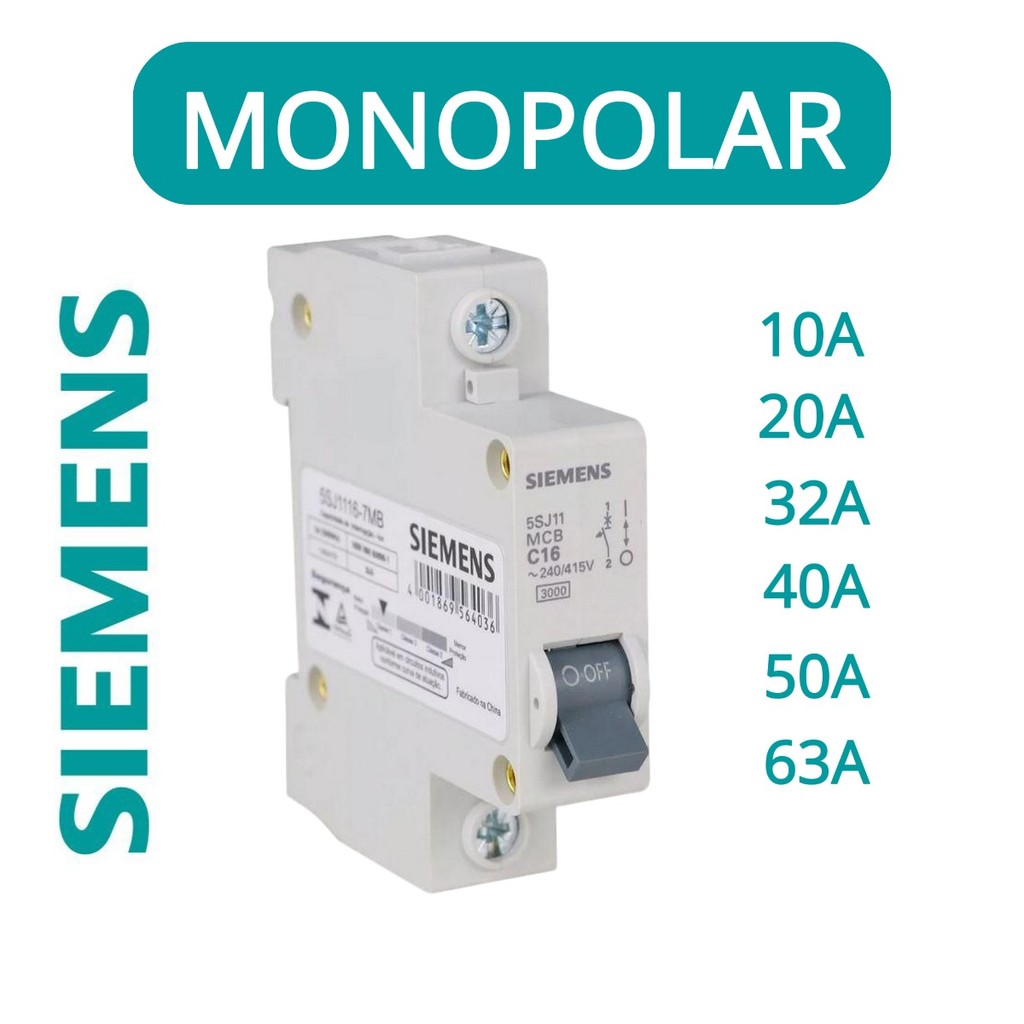 Disjuntor Unipolar Siemens Curva C 10A, 20A, 32A, 40A, 50A, 63A - 3kA | Shopee Brasil