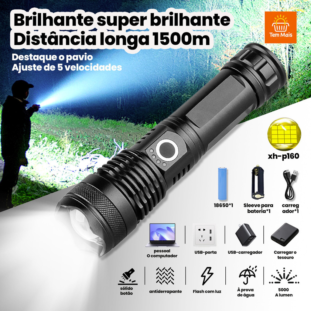 Lanterna Tática Ultra Potente T9 P50: A Mais Potente do Mercado, Ideal para Zonas Rurais ...