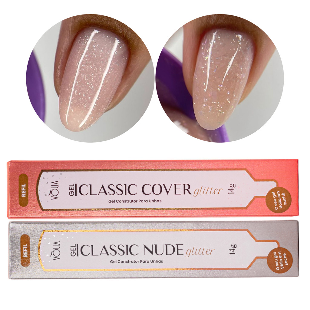 Kit Gel Classic Cover Glitter + Classic Nude Glitter Vòlia Sachê Refil ...