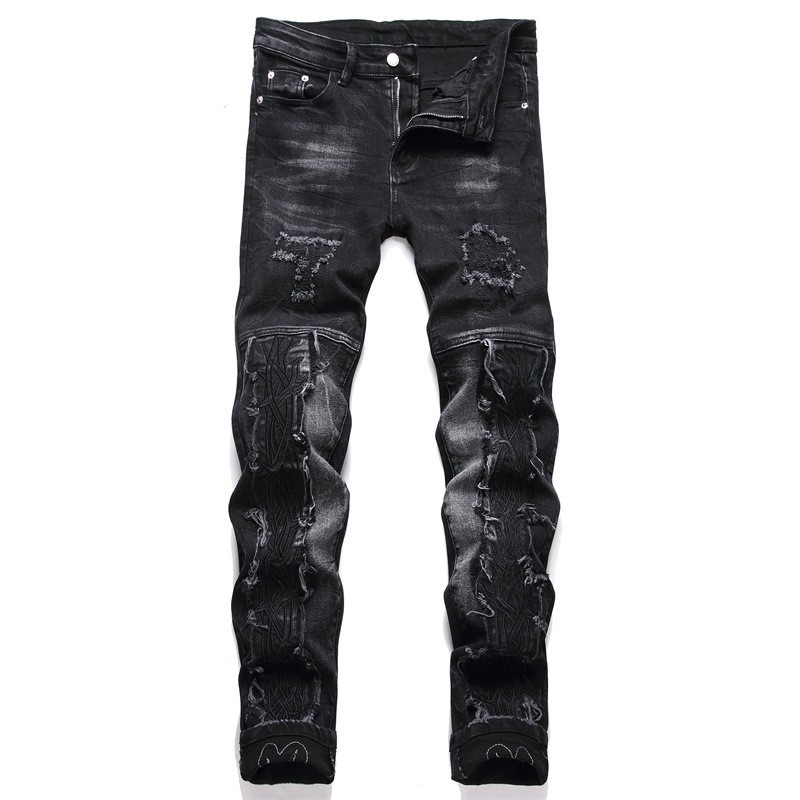 Novo estilo pronto estoque estilo preto rasgado remendo costura bordado ...