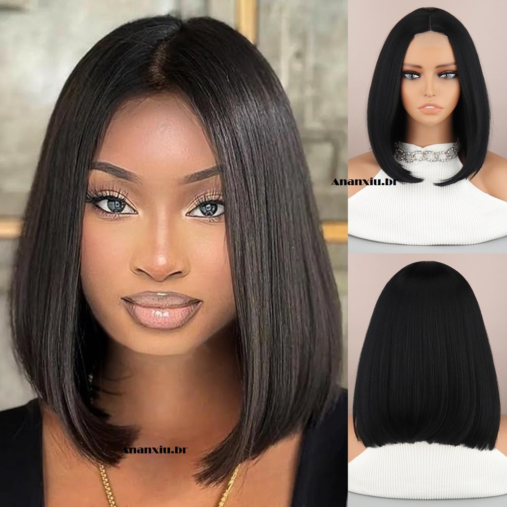 9 peruca curta preta Lace cabelo orgânico liso natural perucas ...