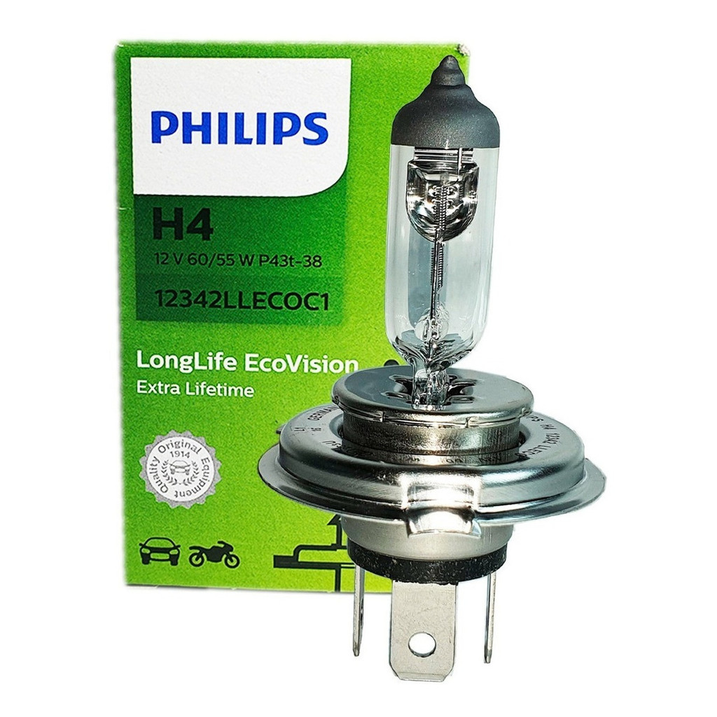 LAMPADA HALOGENA H4 LONGLIFE ECOVISION PHILIPS 55/60w 12V VIDRO QUARTZO RESISTENTE UMIDADE/RAIOS ...