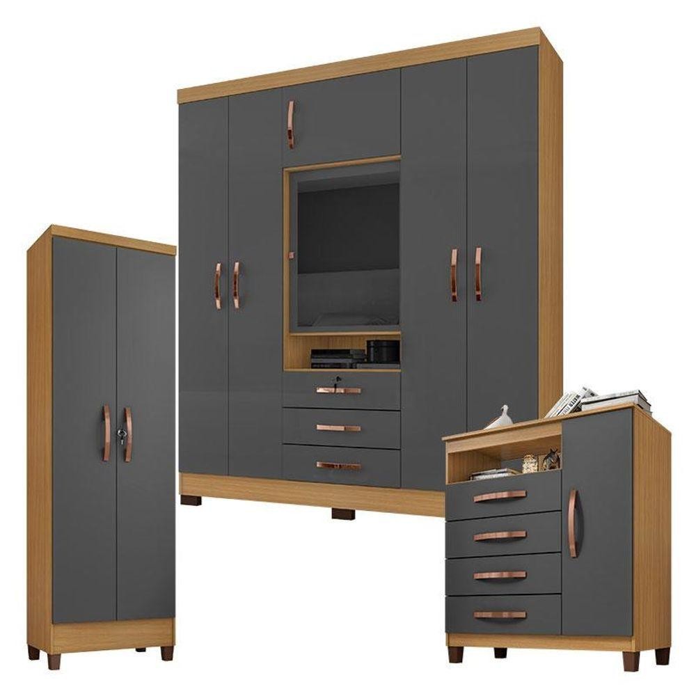 Guarda Roupa Casal Imperial Com Cômoda Sapateira Cannes E Armário Multiuso Egito Carvalho ...