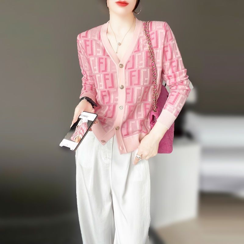 F 2025 Primavera Novo Estilo Com Decote Em V Manga Comprida Rosa Carta ...