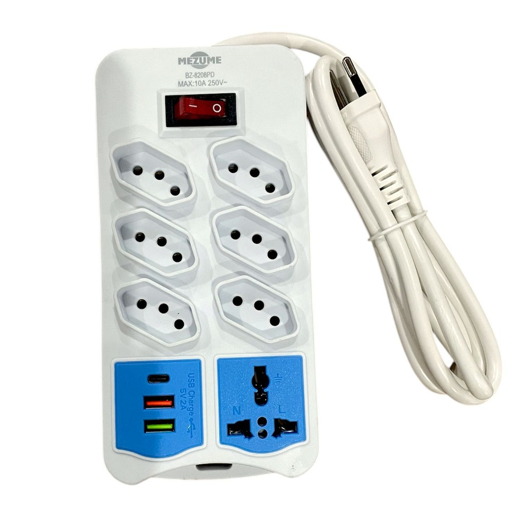 Régua Filtro de Linha com 4 6 10 Tomadas Extensão Elétrica 10A 110v/220v Cabo de 1 e 2 Metros ...