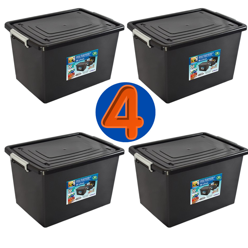 Kit 4 Caixas Organizadora Container Preta Com Tampa e Trava 56 Litros ...