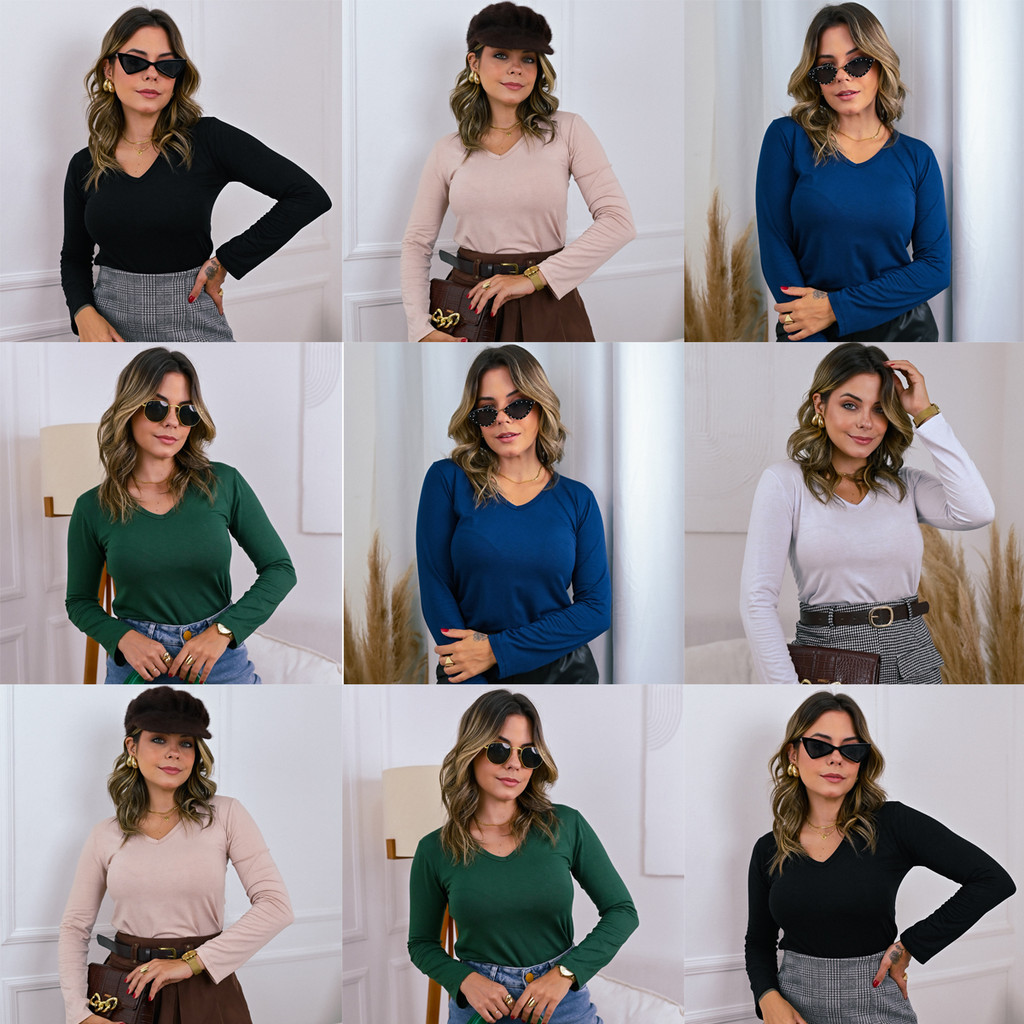 Kit 2 Blusas Femininas Viscose Gola V Manga Longa Básico Casual ...