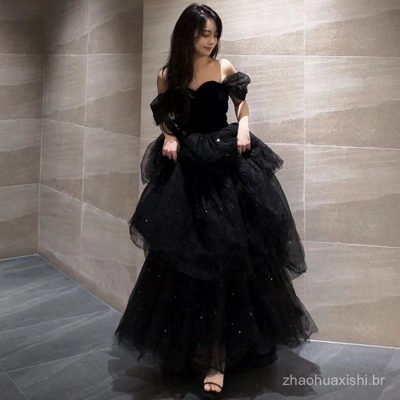 Vestido de noite preto vestido de noiva 2024 novo luxo leve de nicho ...