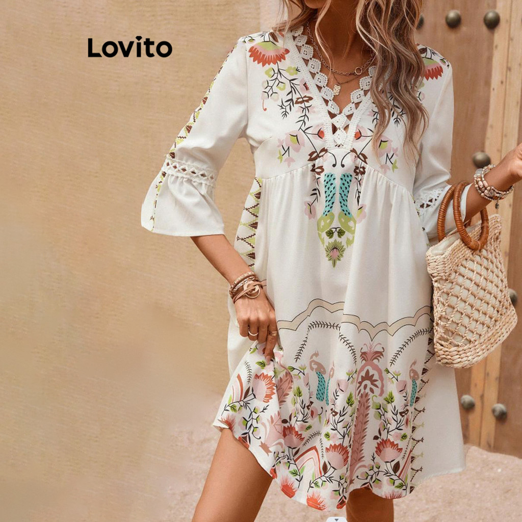 Lovito Vestido Boho Tribal Estampado Renda Vestido Verão/Primavera Para ...
