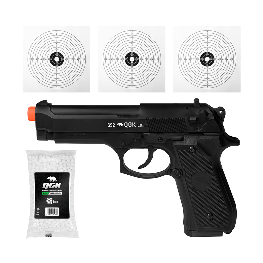 PISTOLA DE AIRSOFT SPRING S92 6MM QGK + 1000 BBS + ALVO | Shopee Brasil