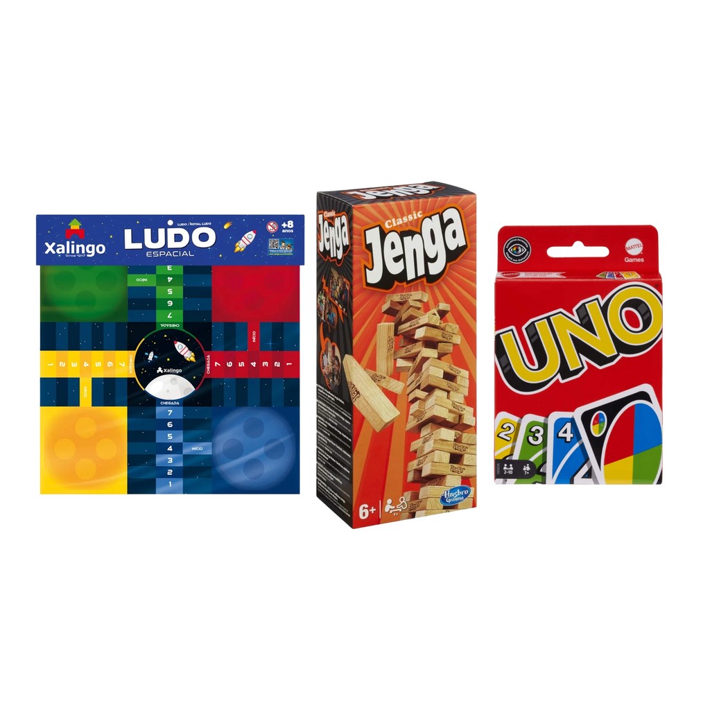 Jogo Ludo Espacial Xalingo + Cartas UNO Mattel + Torre de Blocos Jenga ...