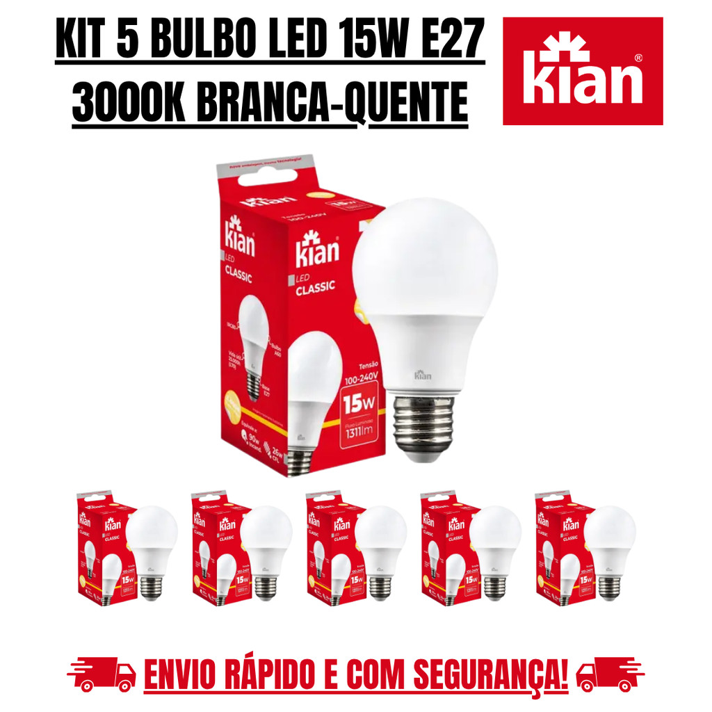 Kit 5 Lâmpada Bulbo Led 15w Branca Quente 3000k E27 Kian | Shopee Brasil