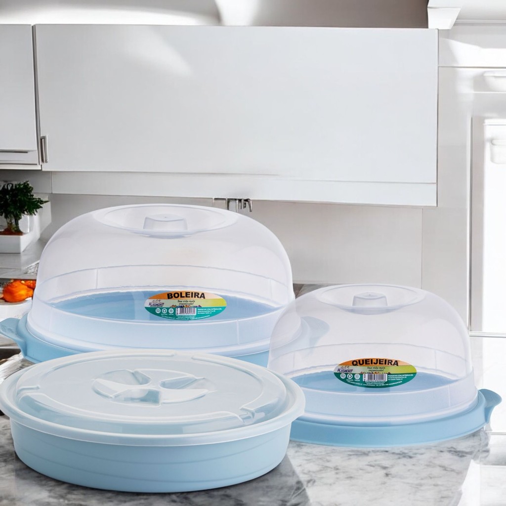 Kit Boleira + Queijeira + Torteira de Plastico Com Tampa Hermetica Para ...