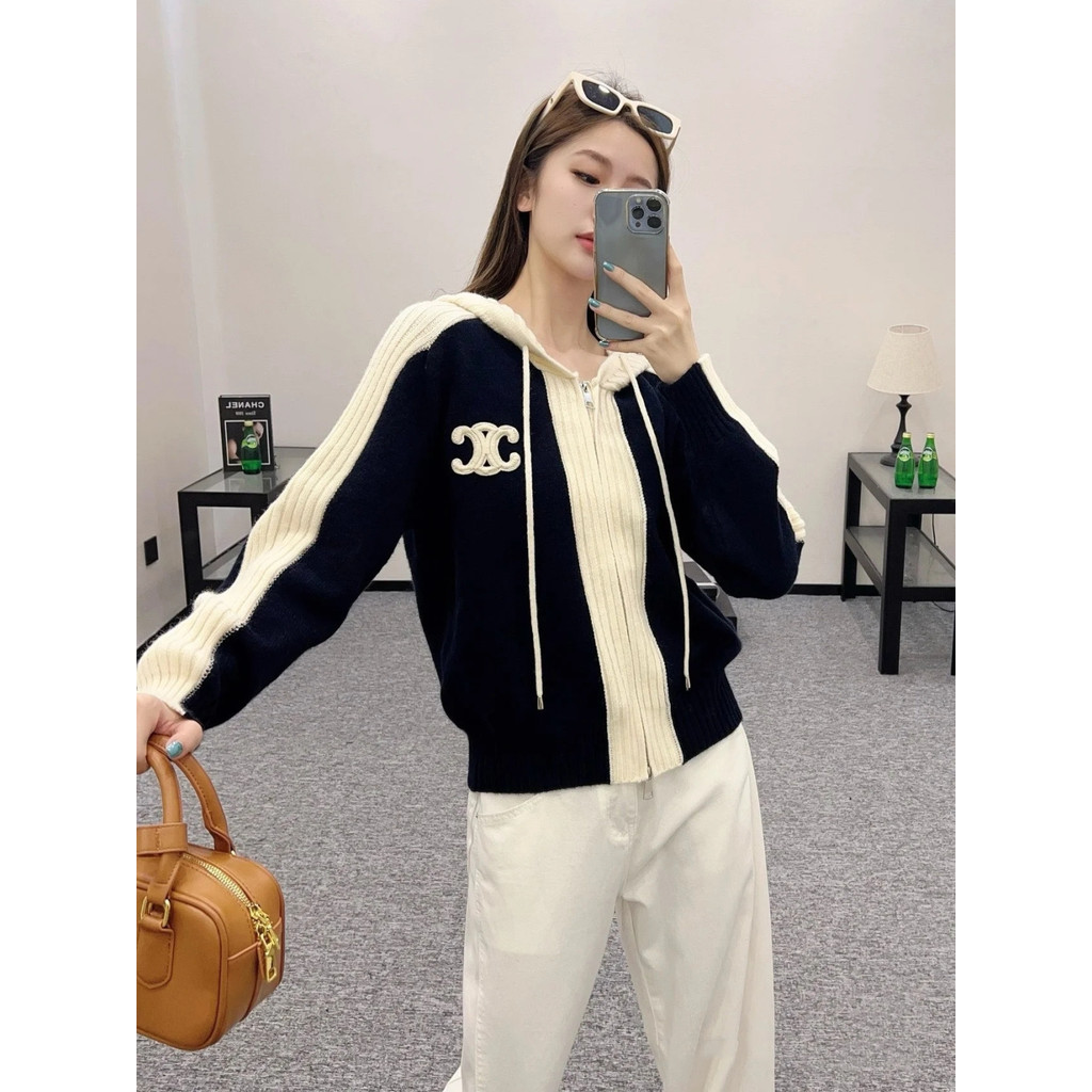 CELINE2025 Outono e Inverno Poço Colorro com Capuz de malha de manga ...