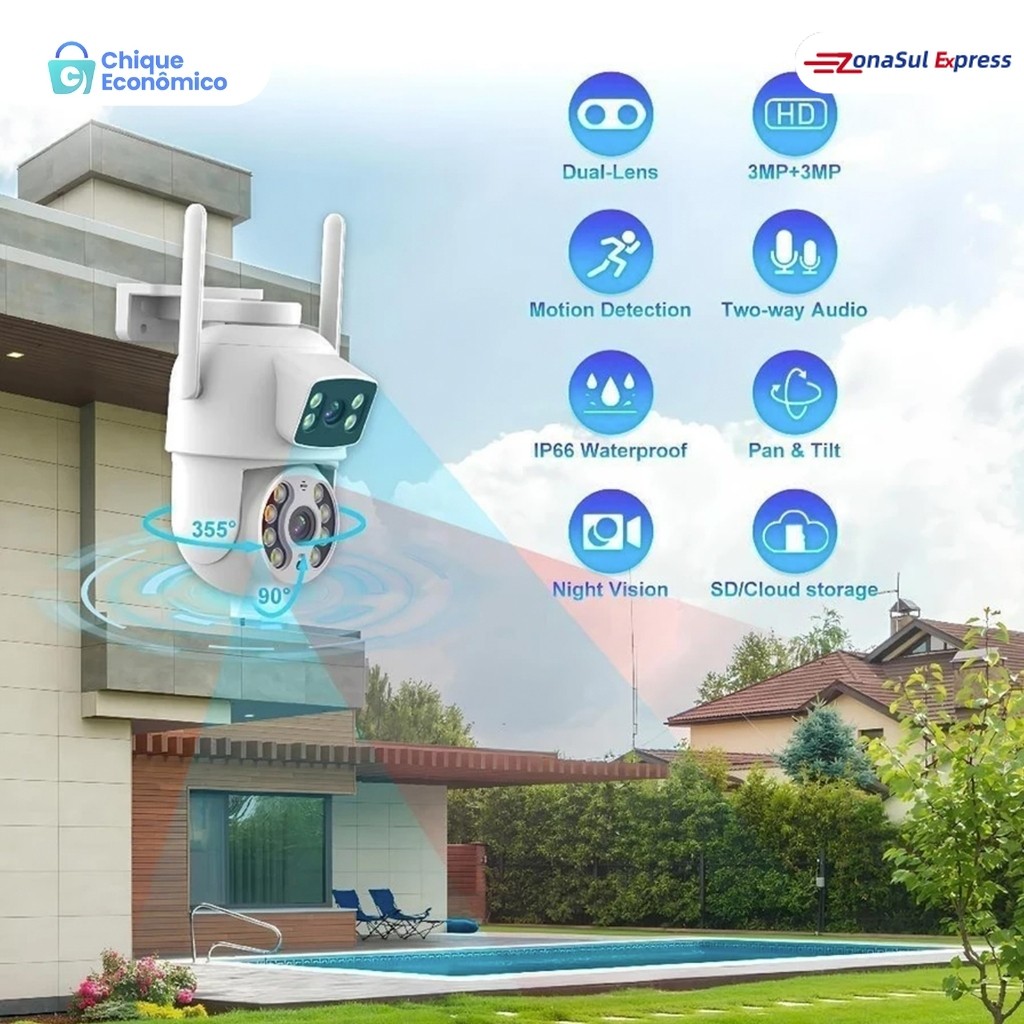 Câmera De Segurança Lente Dupla ICSEE IP66 Wi-Fi 360° Sensor Movimento ...