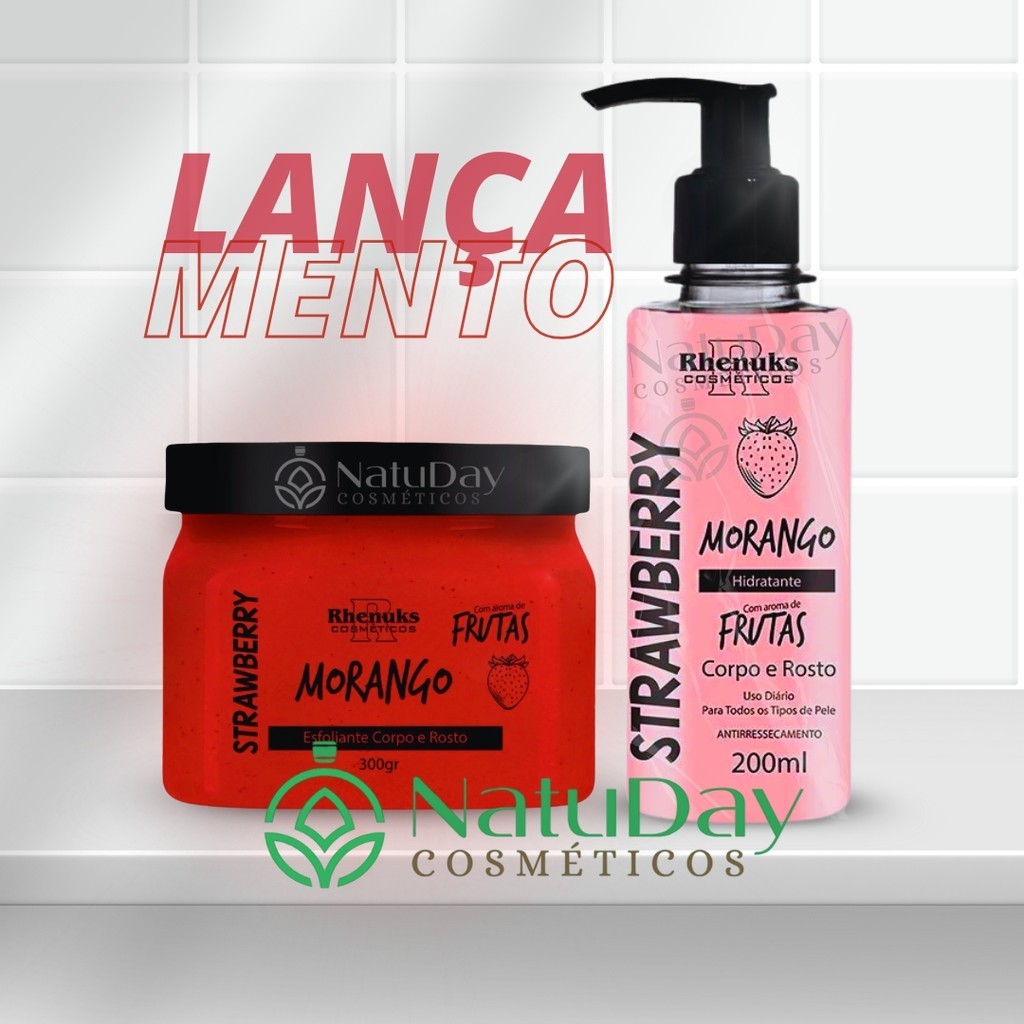 Kit Esfoliante + Hidrante Corpo & Rosto Morango | - Rhenuks | Shopee Brasil