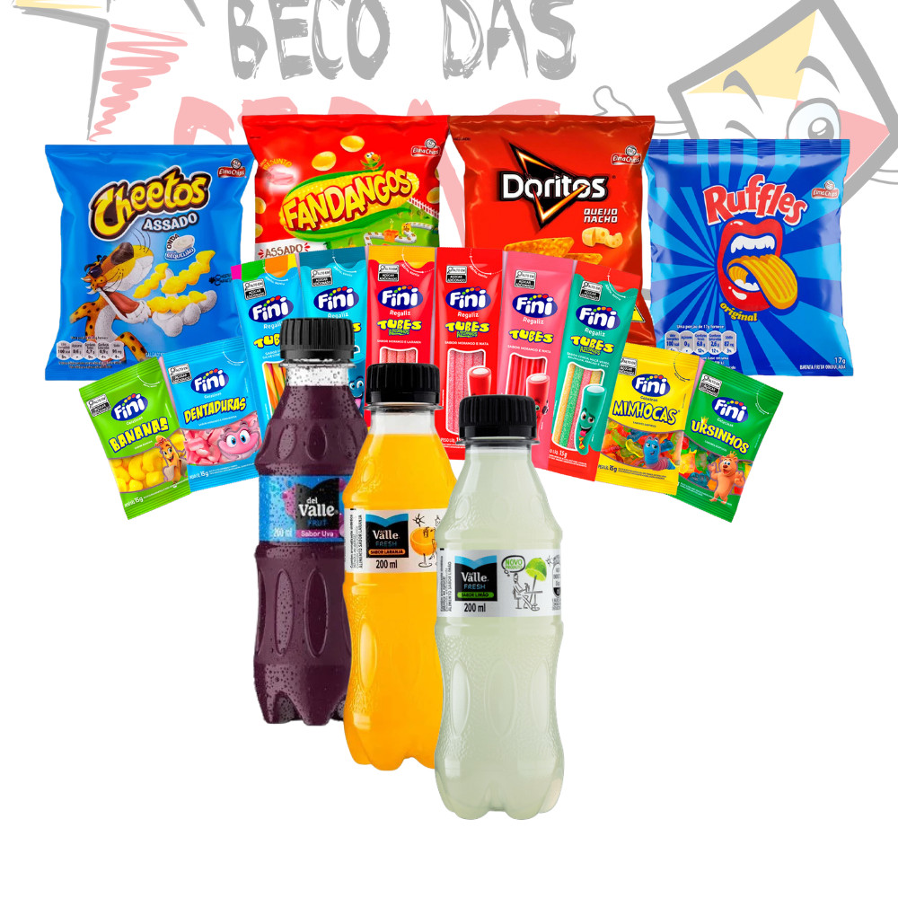 KIT - 25 FINIS SORTIDOS + 25 SUCOS DEL VALLE 200ml + 25 SALGADINHOS ...