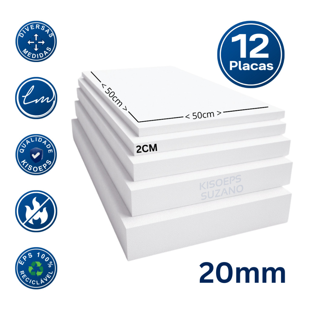 Placas de Isopor EPS 50X50cm kit c/ 12 unidades 20mm (2cm) Retardante a ...