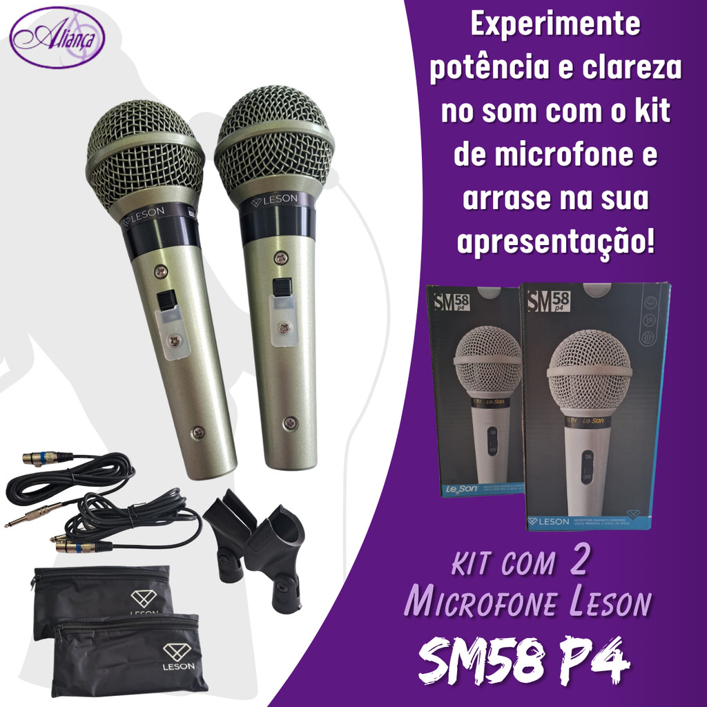 Kit com 2 Microfones Leson SM58 P4 Champanhe com Fio | Shopee Brasil