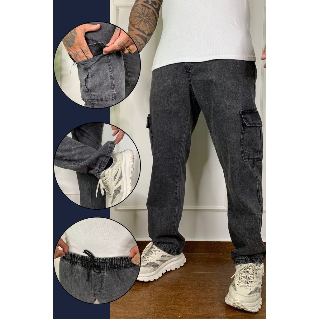 Calça Cargo Estonada Oversized Baggy Preta Masculina 6 Bolso Shopee