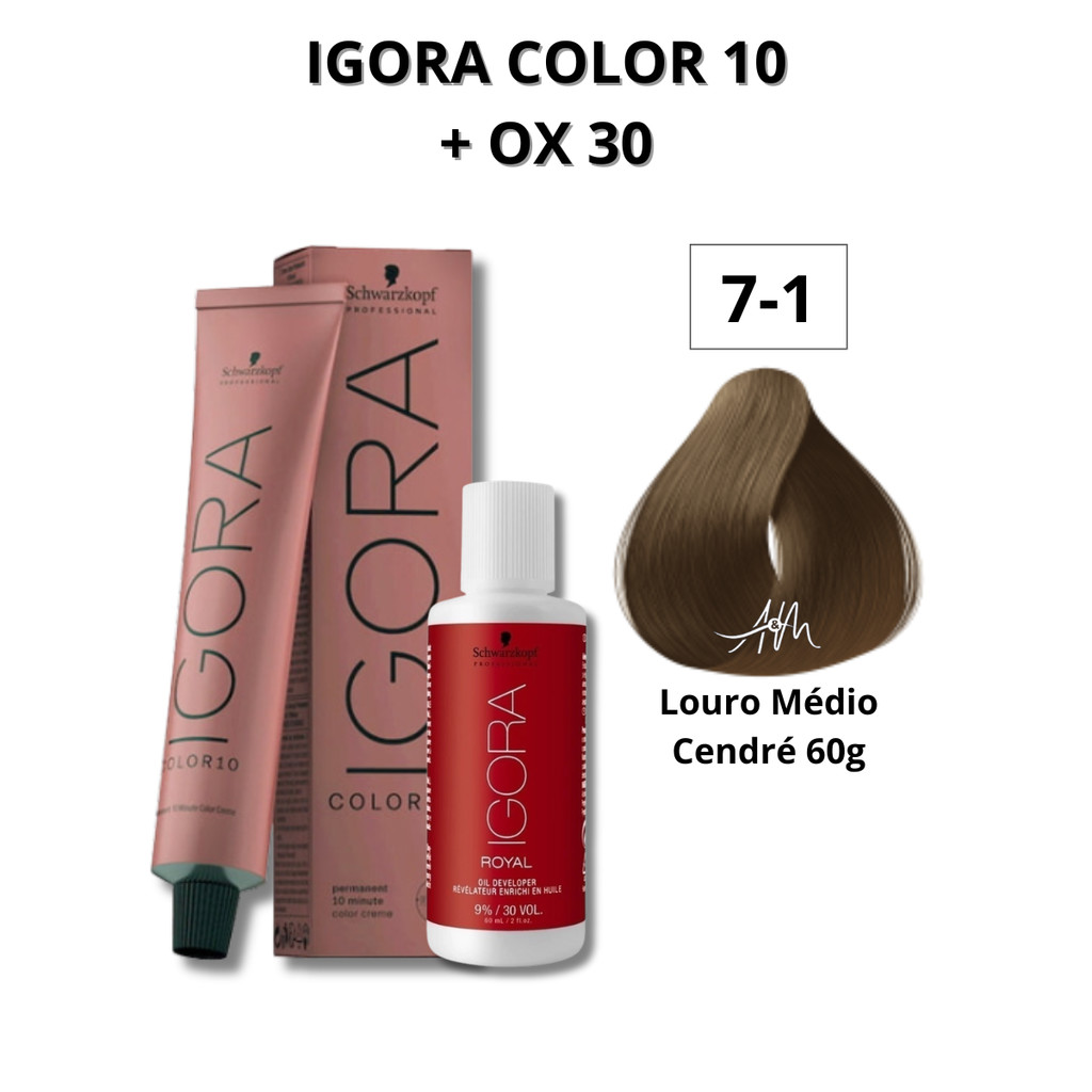 Kit Coloração Igora Color 10 7-1 Louro Médio Cinza 60g + Ox Igora Royal ...