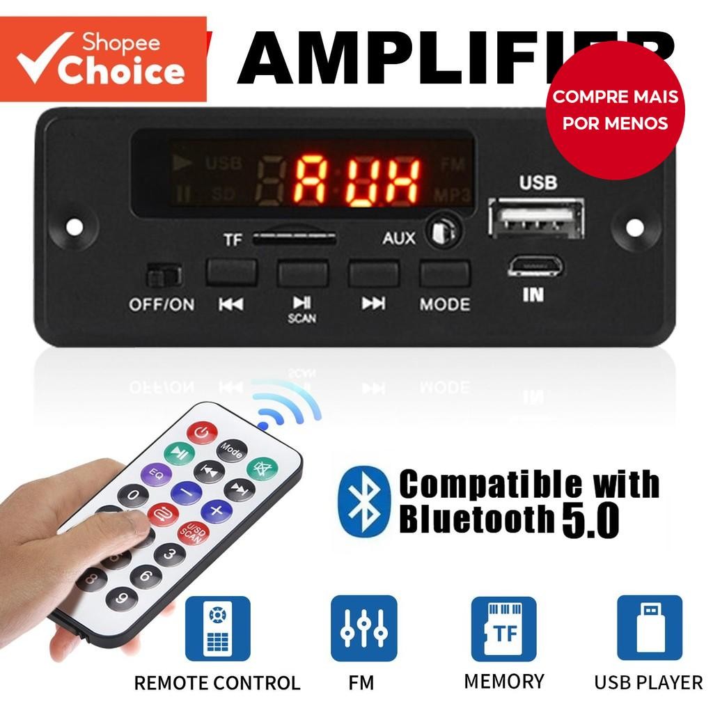 Amplificador DC 12V 50W Bluetooth 5.0 MP3 Player Rádio FM TF USB 3.5mm Módulo AUX Receptor ...