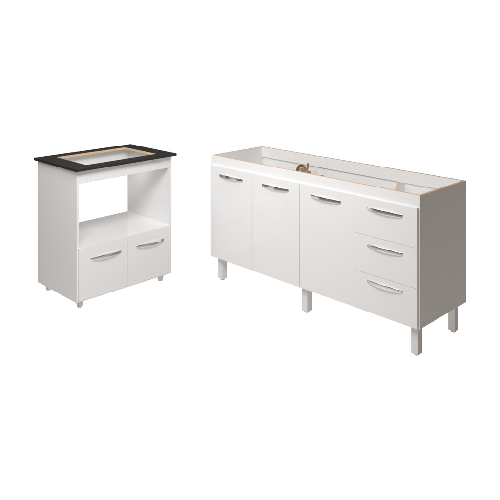Balcão Cozinha Armário Gabinete de Pia 160 cm Estela e Balcão para Fogão Cooktop 4 Bocas Evelyn ...