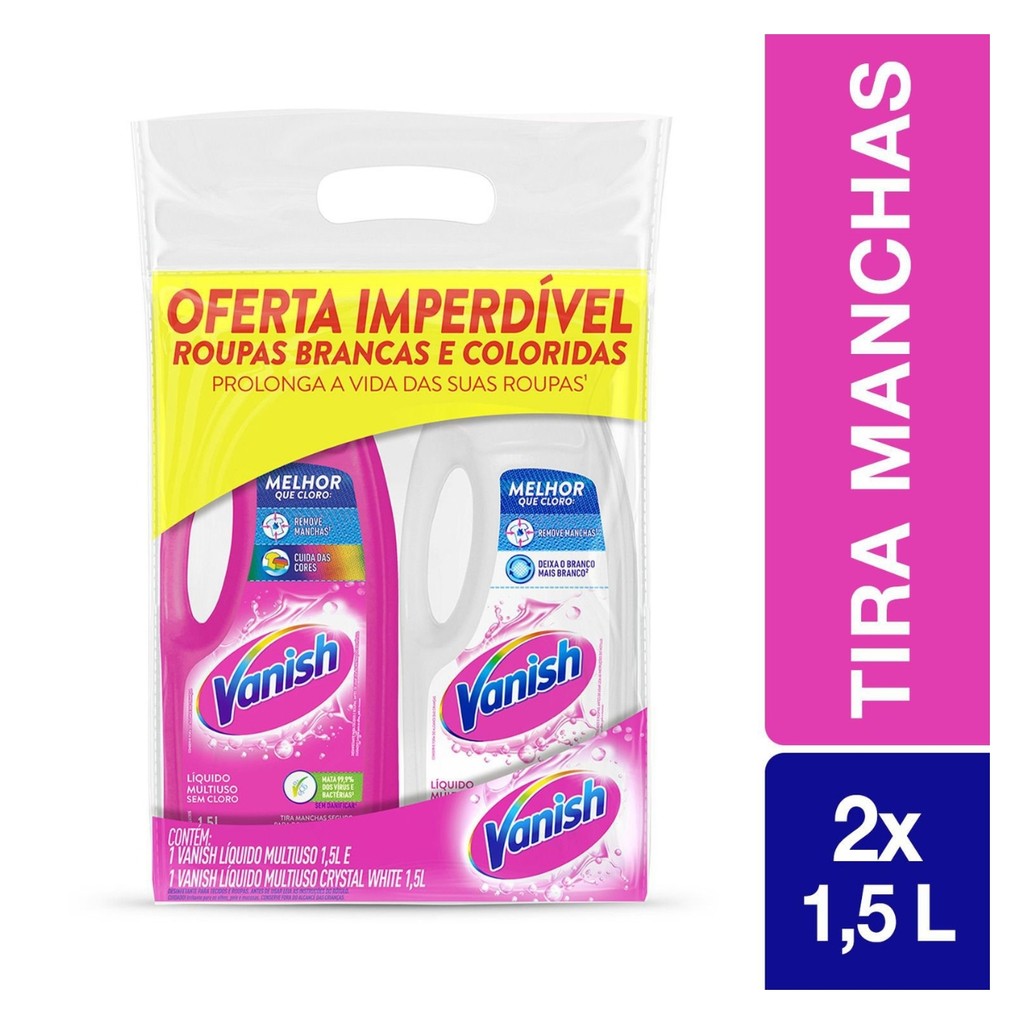 Tira Manchas Vanish Líquido Multiuso para roupas brancas e roupas coloridas - 2 unidades de 1,5L ...