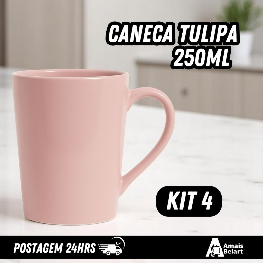 KIT 4 Caneca Porcelana Tulipa 250 ml Rosa Brilhante Suave Xícara Termo ...
