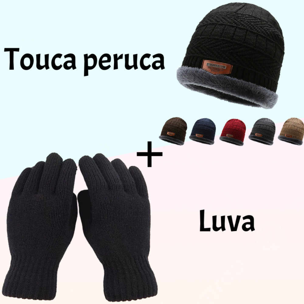 KIT Touca peruca + luva lá Adulto Unissex Básica Gorro Lã Preta Inverno ...