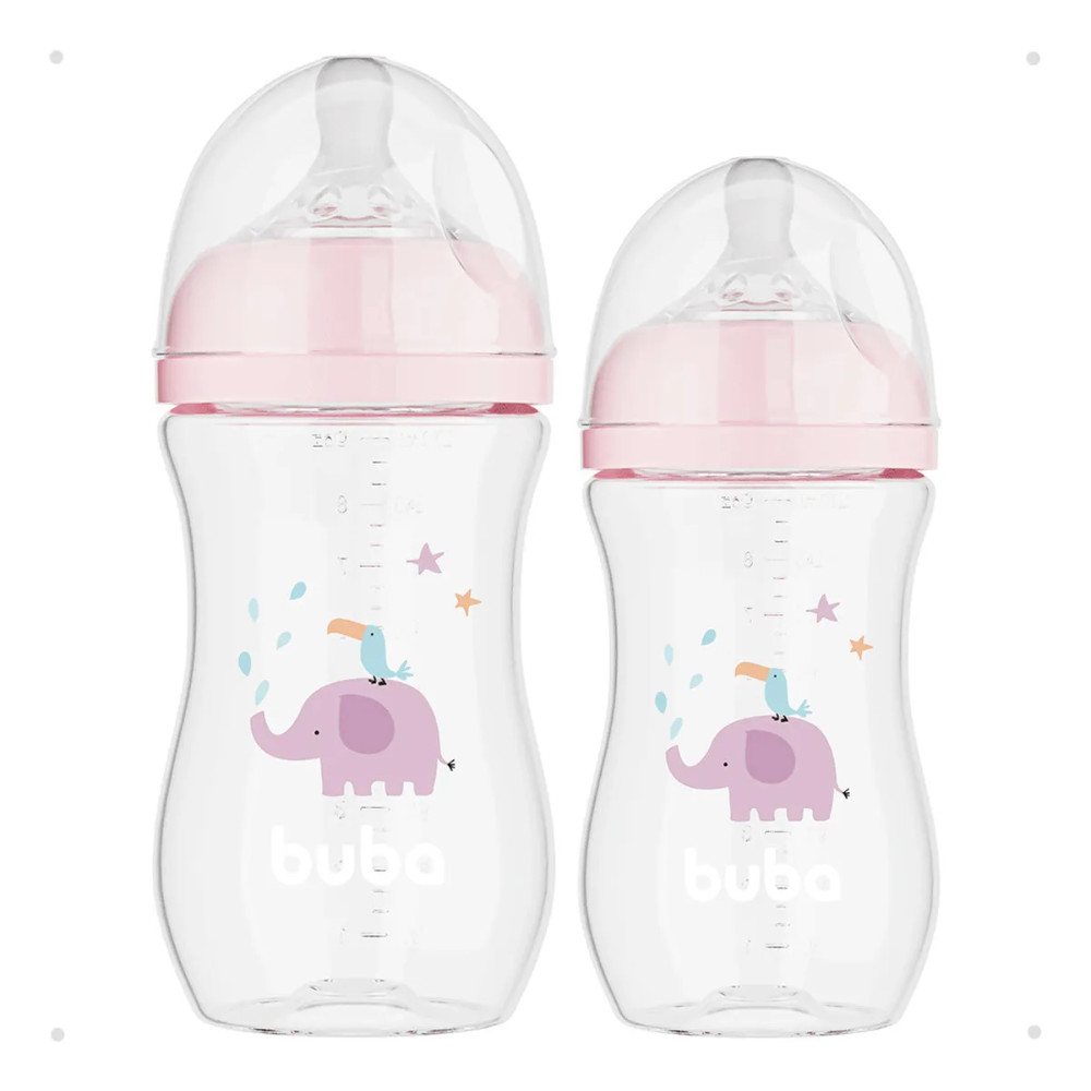 Kit C/ 2 Mamadeiras Easy Flow BUBA 270ml e 330ml Elefante Rosa | Shopee Brasil