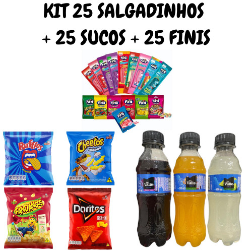 KIT 75 ITENS - 25 FINIS SORTIDOS + 25 SUCOS DEL VALLE 200ml + 25 ...