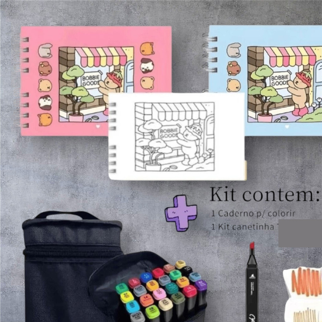 KIT Caderno de Colorir + Canetinha Duas Pontas - 24/36/48/60/80/120 ...