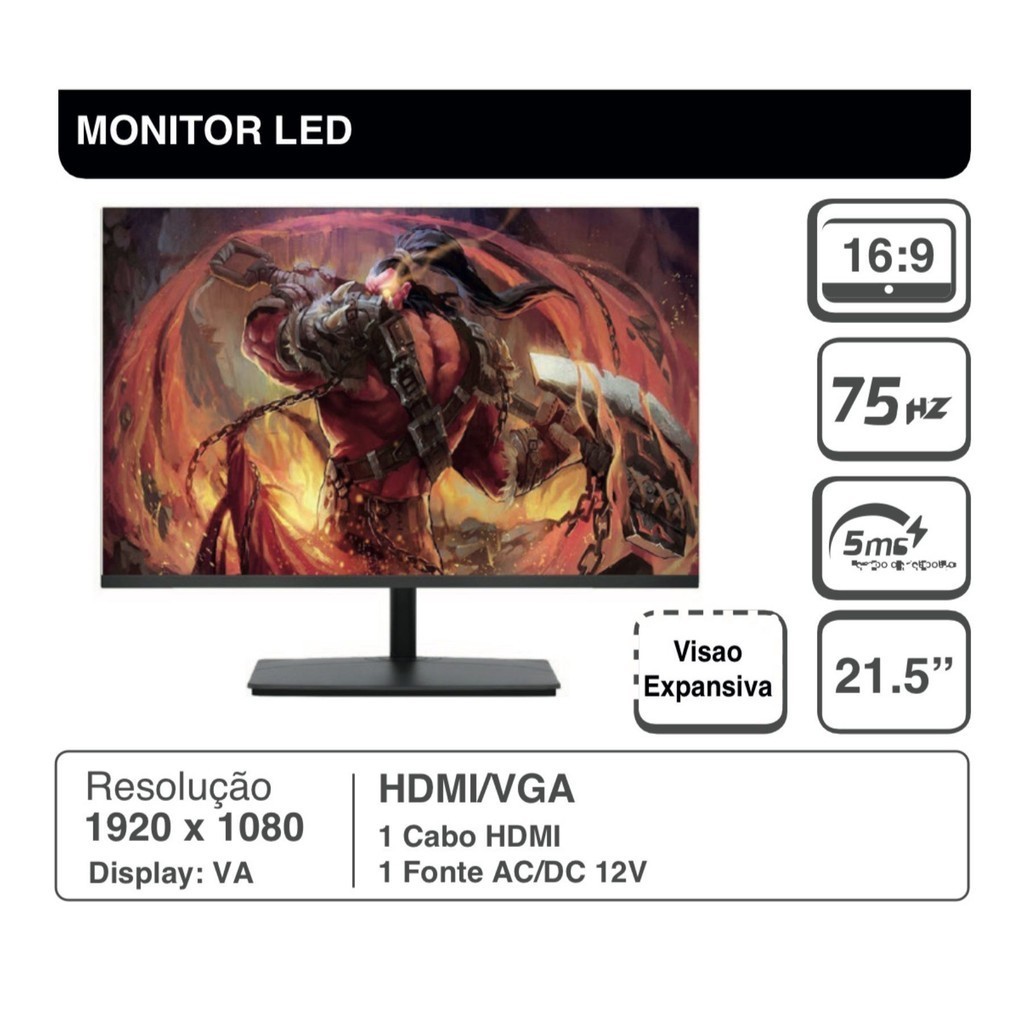 Monitor Gamer 21.5 Polegadas 1920x1080 75Hz 5ms Full HD Tela AV HDMI ...