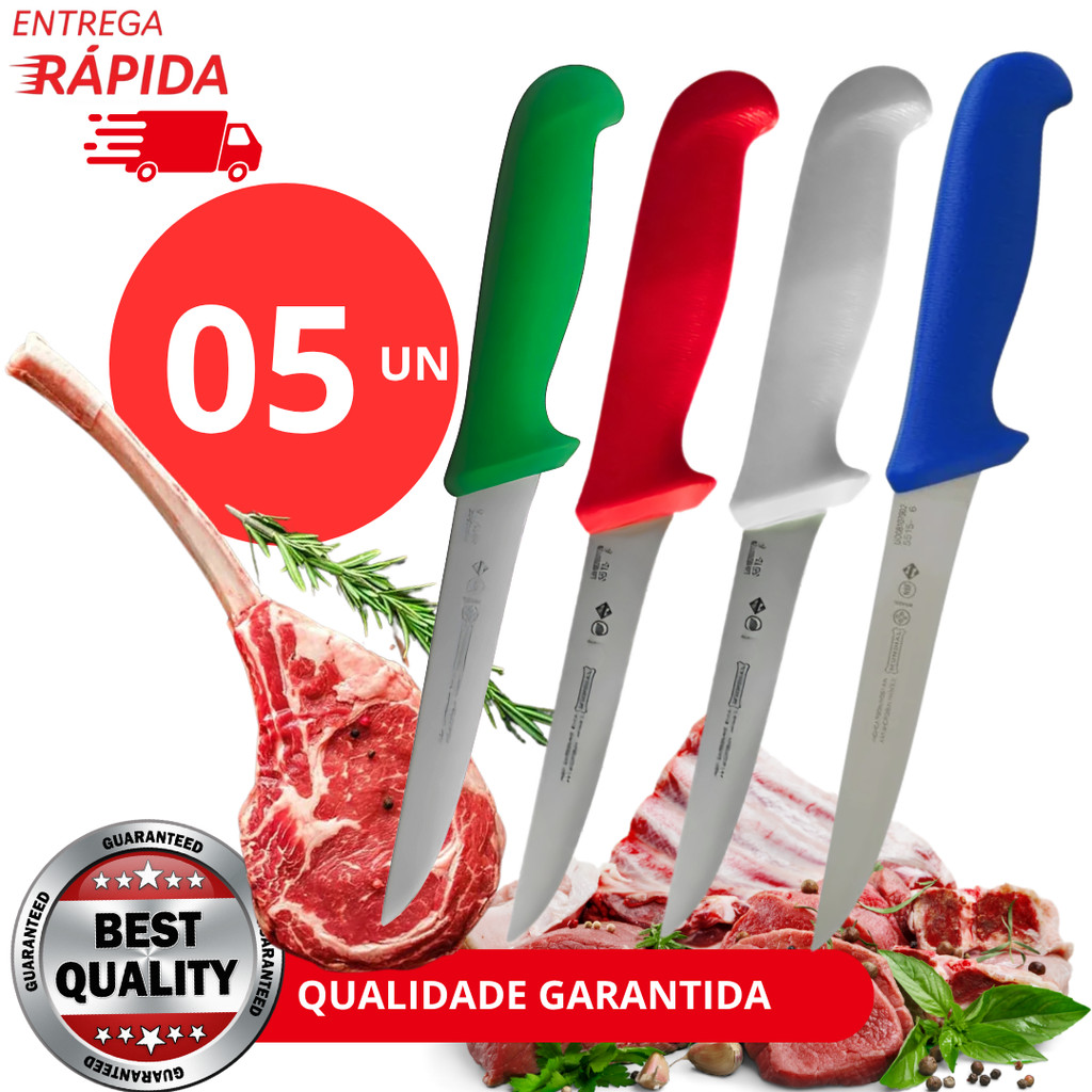 Jogo 5 Faca de Desossa Aço Inox Profissional 6" Açougue Cabo colorido ...