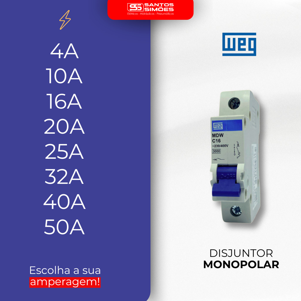 Disjuntor Weg Monopolar Curva C 4A, 10A, 16A, 20A, 25A, 32A 40A e 50A | Shopee Brasil