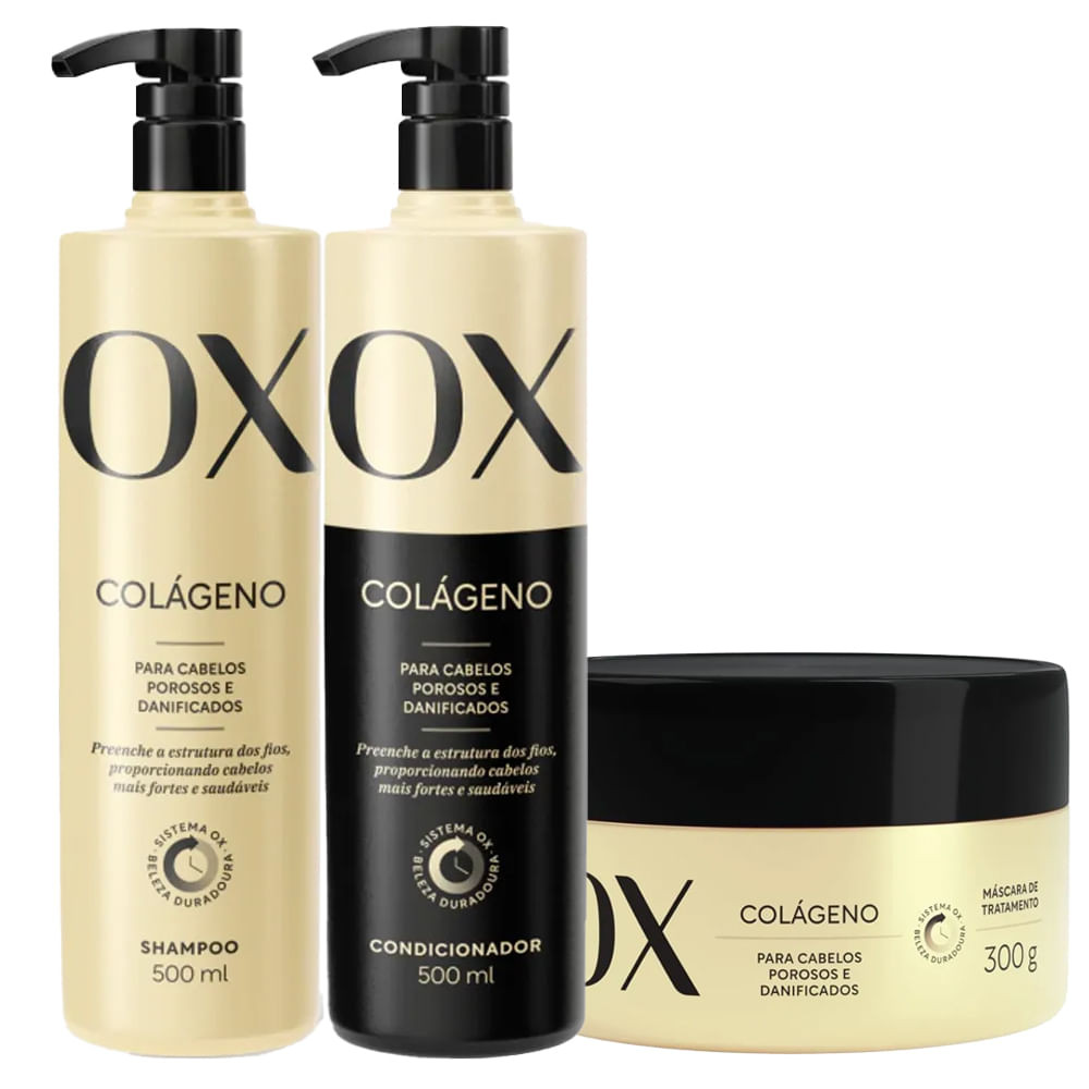 Kit OX Shampoo 500ml, Condicionador 500ml e Máscara 300ml Colágeno ...