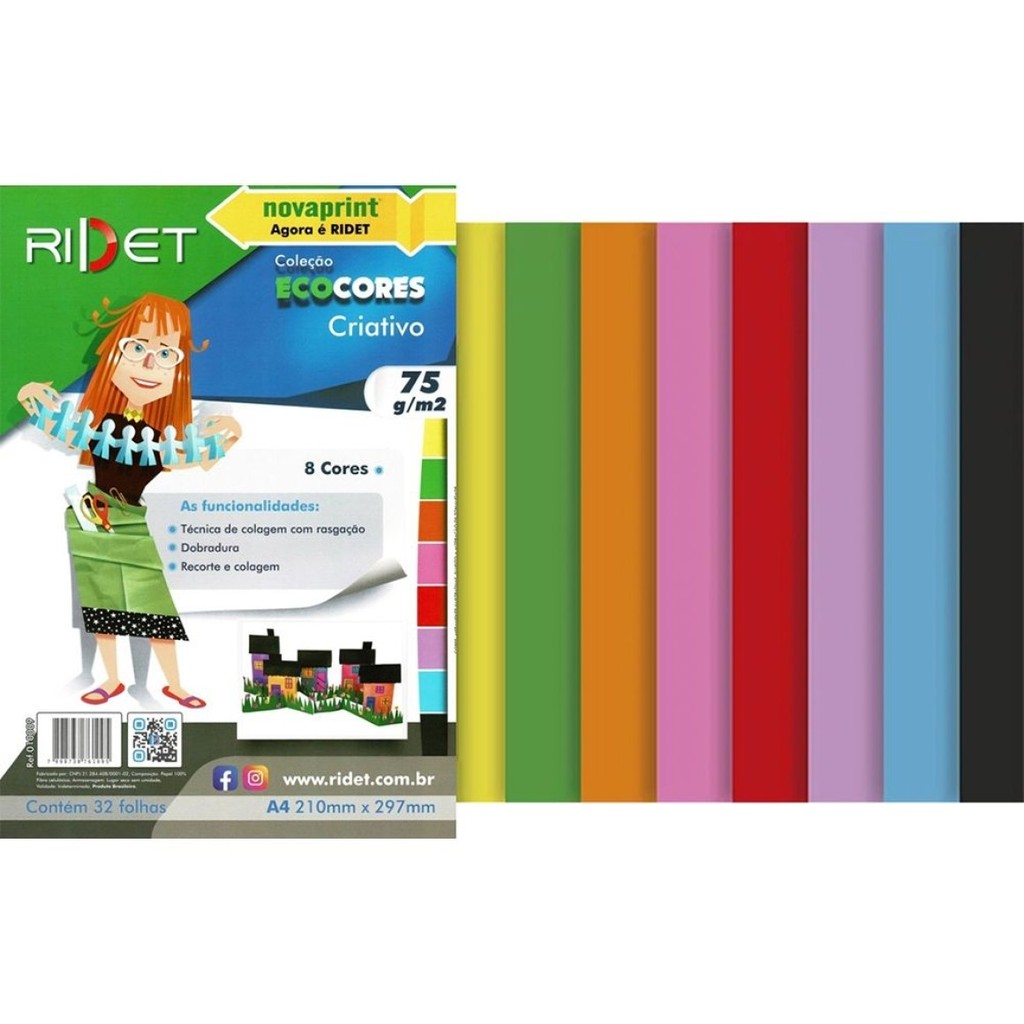 Bloco Ridet Criativo 8 Cores A4 75g - Pacote com 32 Folhas | Shopee Brasil