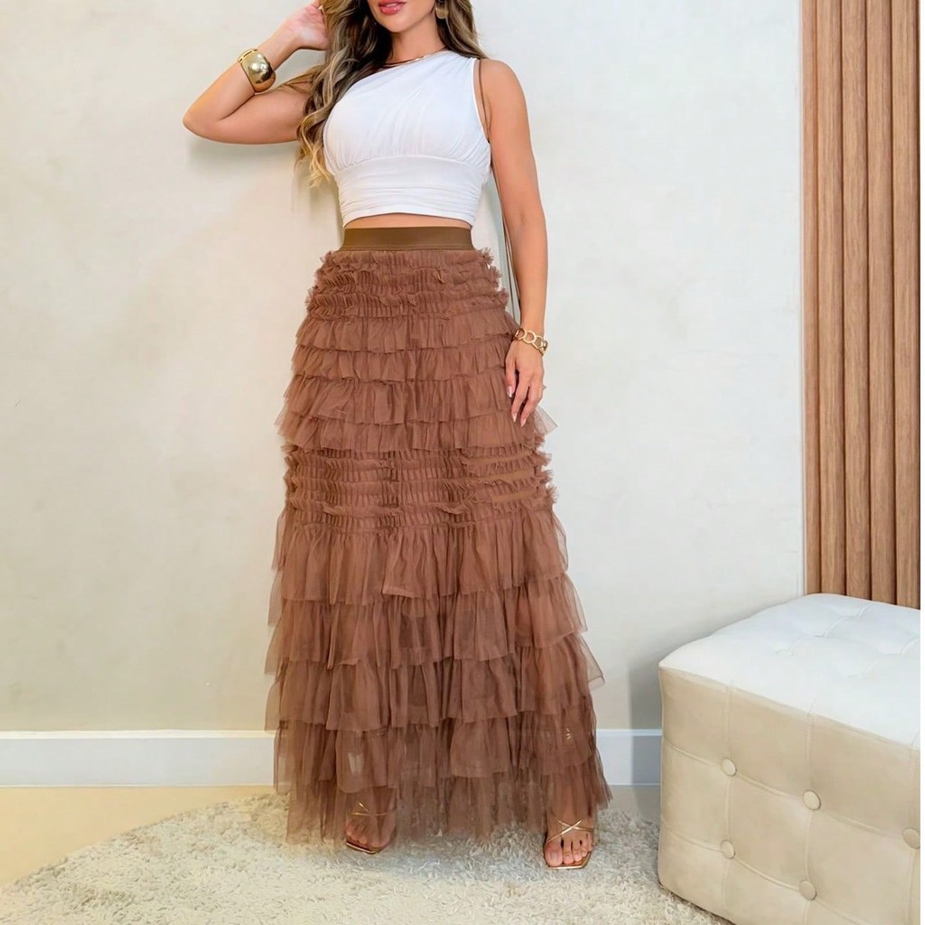 Saia de Tule Midi Comprida Longa Elegante e Elastica com Babado ...