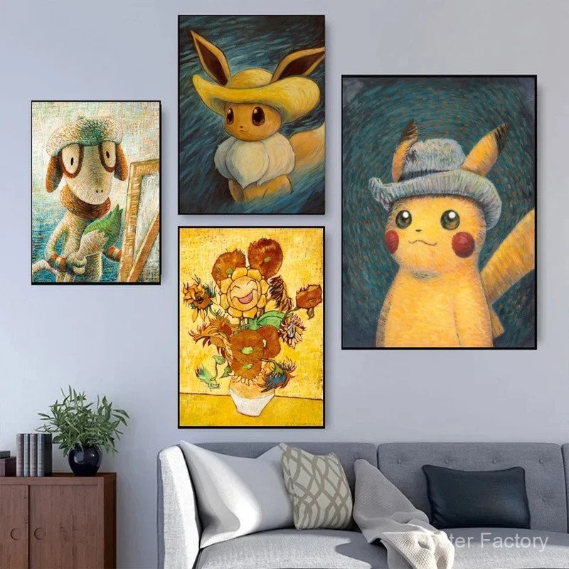 Pokemon Pikachu Eevee Van Gogh Arte Moderna de Anime para Sala de Estar ...