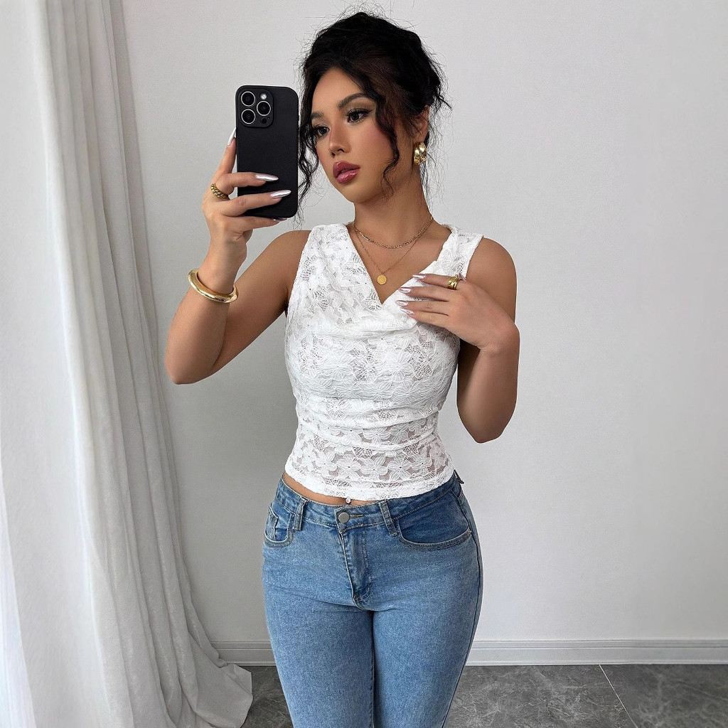 ins2025 Verão Novo Top Feminino Sexy de Renda com Decote em V Slim Fit ...