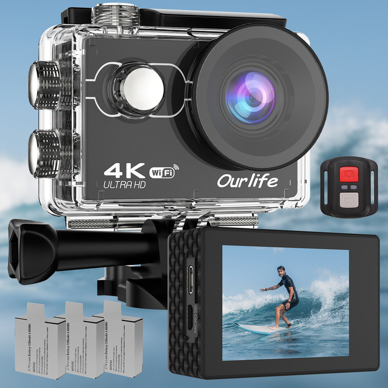 Câmera de Ação Ourlife 4K Ultra HD, Conjunto Completo de Acessórios ...