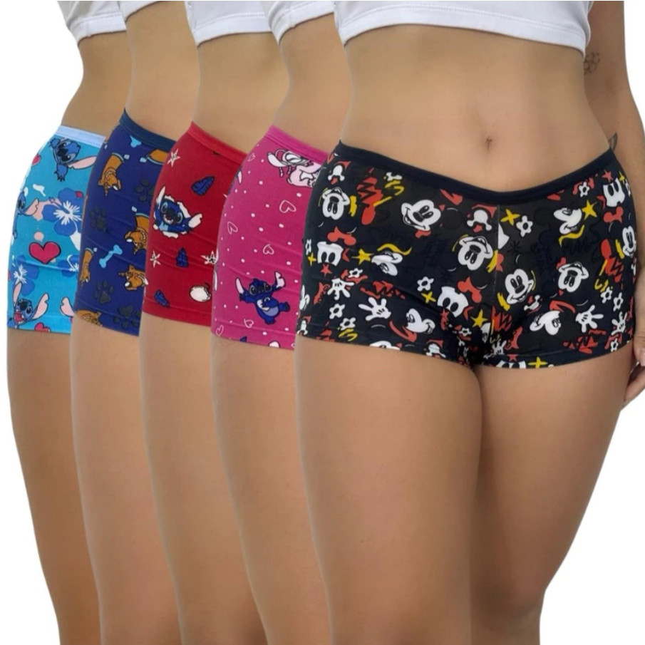 Kit 5 Shortinho Cueca Feminina Calcinha Adulto Estampado Conforto Desenho Boxer Lingerie ...