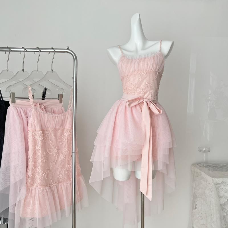 Verão Rosa Estilo Balé Fada Halter Vestido E Saia Líquida Festa De ...