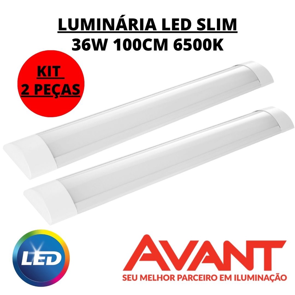 KIT 2 LUMINÁRIAS LED SLIM 36W TUBULAR BRANCO 6500K - AVANT | Shopee Brasil