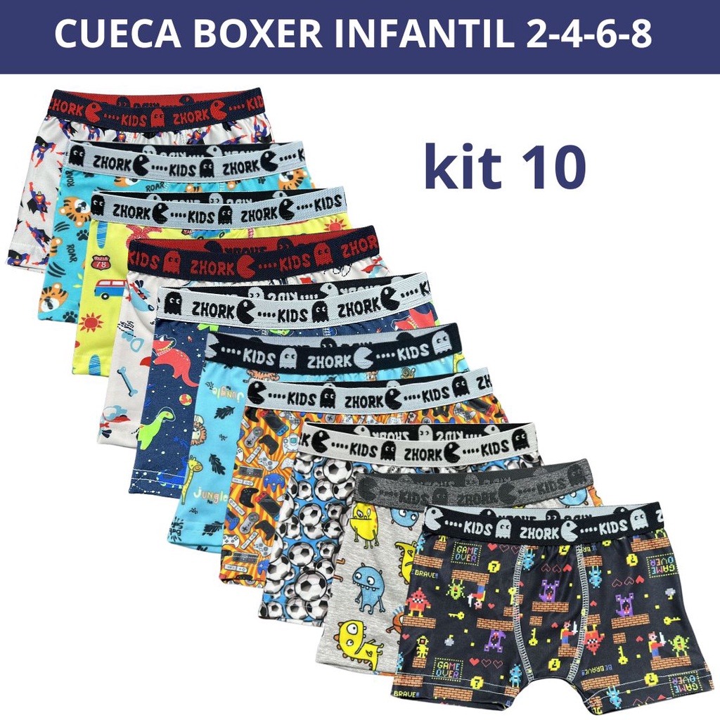 Kit 10 Cuecas Box Boxer Infantil Micro Fibra Menino - Escorrega o Preço